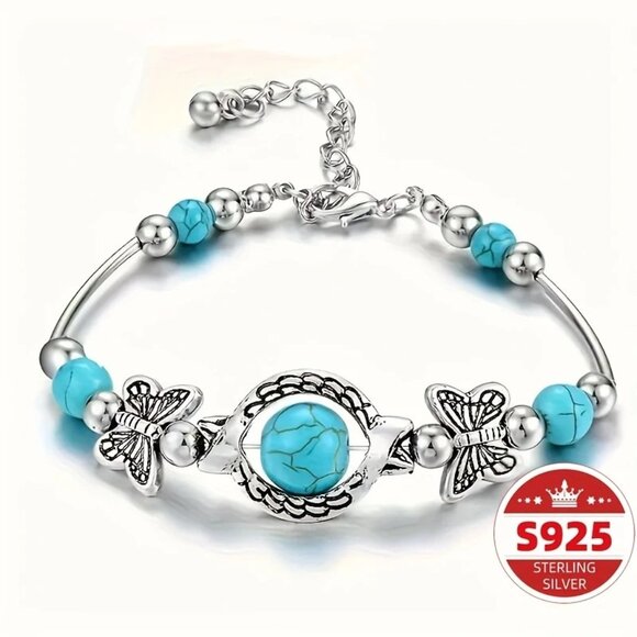 Other | S925 Sterling Silver Bohemian Butterfly Turquoise Bracelet Adjustable Hollow | Poshmark